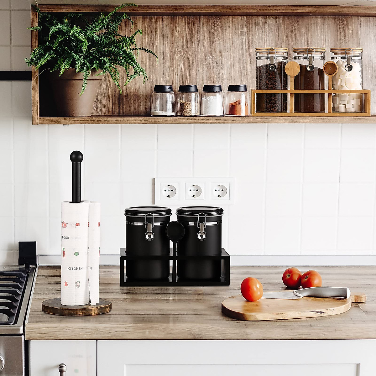 Yangbaga 304 Stainless Steel Coffee Containers with Shelf,2 x 66 FLOZ Coffee Bean Storage with Airtight Locking Clamp and Spoon, Large Capacity Food Storage Jar for Kitchen