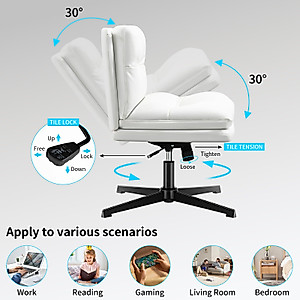 Darkecho Office Chair Armless Desk Chair No Wheels,Thick Padded Leather Home Office Chairs, Adjustable Swivel Rocking Vanity Chair, Wide Task Computer Chair for Office,Home,Make Up,Bedroom White