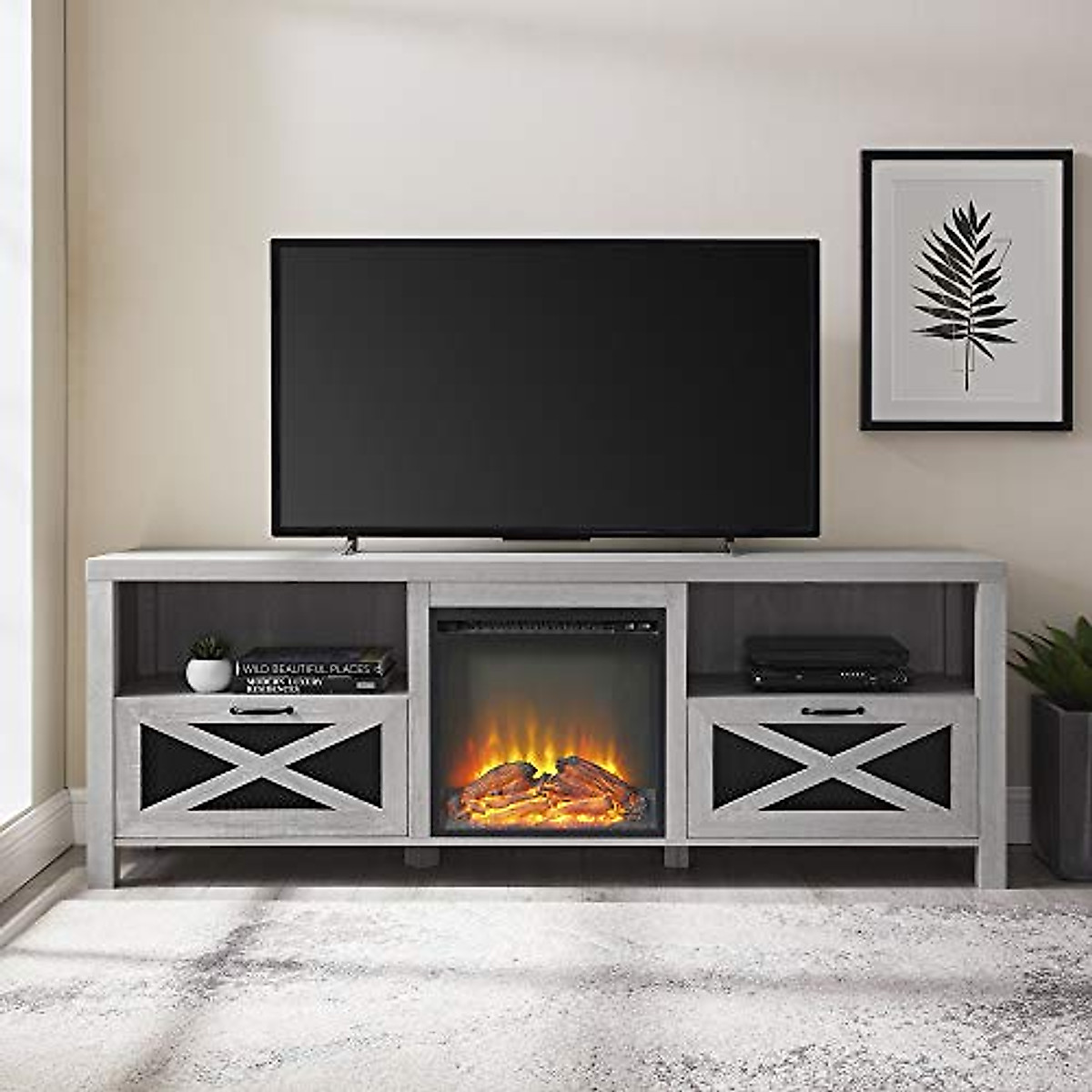 Walker Edison Calgary Industrial Farmhouse X-Drawer Metal Mesh and Wood Fireplace TV Stand for TVs up to 80 Inches, 70 Inch, Stone Grey