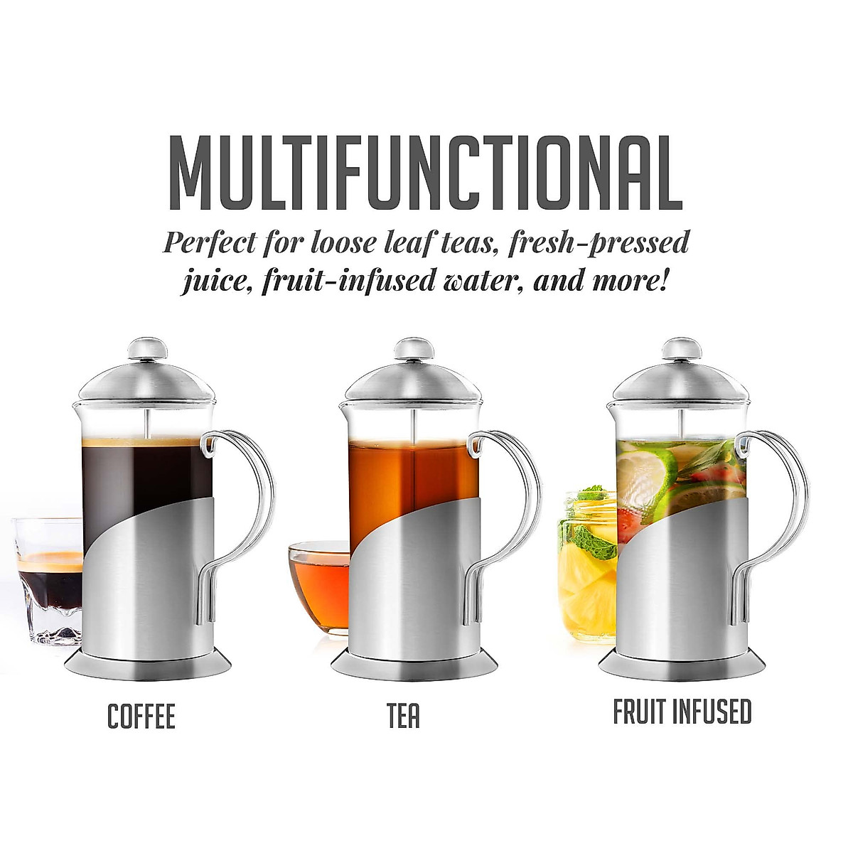 OVENTE French Press Coffee Maker 34 Ounce, 4 Level Stainless Steel Filter System, Borosilicate Heat Resistant Glass Carafe with Free Measuring Scoop, Silver FSL34S