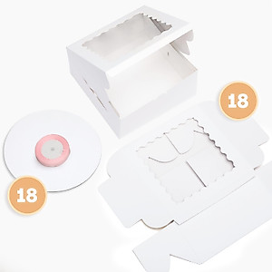 Bakepacker 36pcs 8x8x5 Inches Cake Boxes with Window 8 Inch Bakery Boxes 18-Packs White Cake Boxes (18 Cake boxes +18 Cake Boards+10 Meters Silk Ribbon Includes)