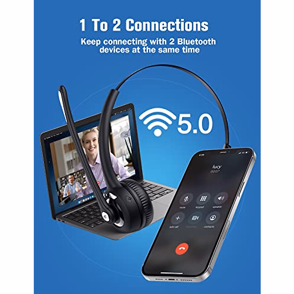 Calhuber Wireless Truck Driver Cell Phone Headset with Microphone, cVc6.0 Noise Cancelling for Clear Call, Bluetooth 5.0, Up Black