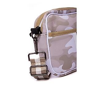 Haute Shore Drew Sahara Crossbody Tote Beige Camo WRose Gold and White Stripe