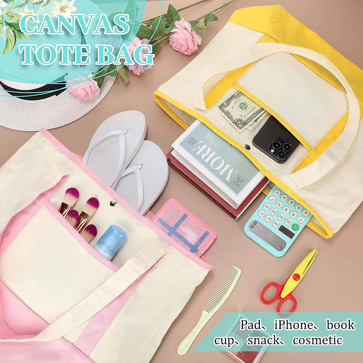 Sanwuta 16 Pack Polyester Canvas Tote Bags Bulk with Outer Pocket Extra Large Reusable Grocery Shopping Travel Blank Tote Bag for Women Mother, 17.7 x 4.7 x 13.8 Inches