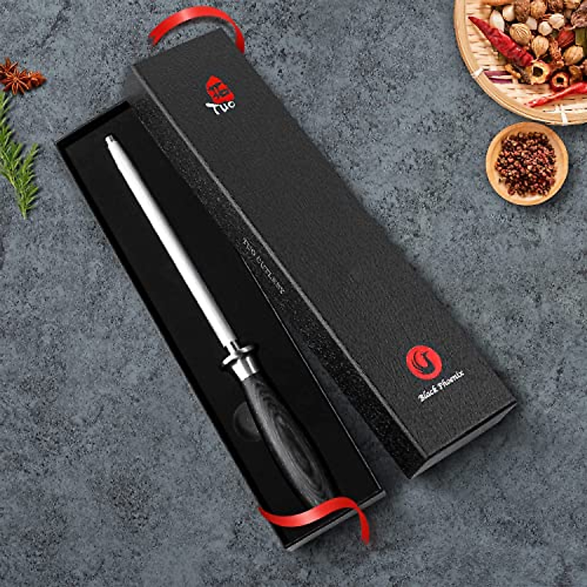 TUO Kitchen Knife Sharpener 8 inch Honing Steel Knife Sharpening Tool Helps Repair Restore Polish Blades Sharpening Rod, German stainless steel With Gift Box, Fiery Phoenix Series - Black