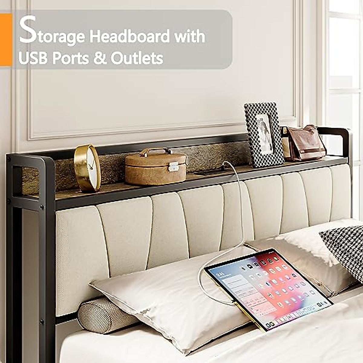 LIKIMIO King Bed Frame, Storage Headboard with Charging Station, Solid and Stable, Noise Free, No Box Spring Needed, Easy Assembly (Walnut and Beige)