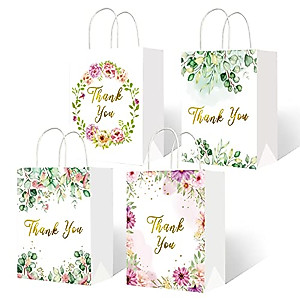 OurWarm 24 Pack Thank You Gift Bags Medium Size with Gold Foil, Floral Design White Paper Bags with Handles Bulk, Thank You Bags for Wedding Bridal Party Baby Shower Birthday Gift Bags, 8 X 4 X 10 IN