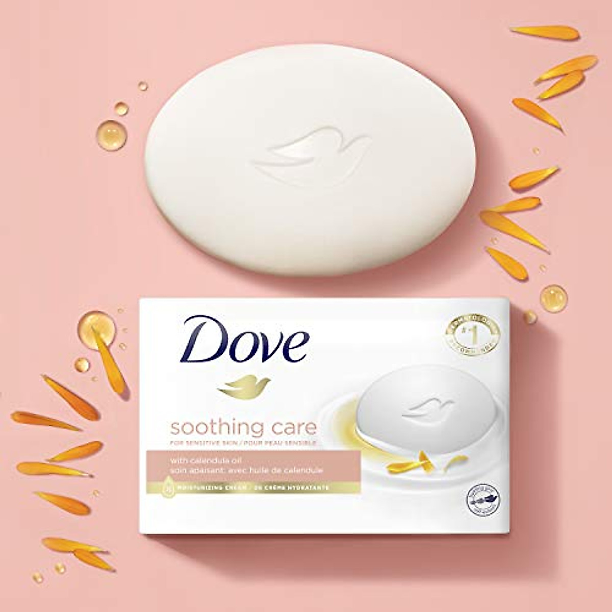 Dove Moisturizing Beauty Bar Soap For Sensitive Skin with Calendula Oil Effectively Washes Away Bacteria, Hydrating and Replenishing Skin Care 3.75 oz 14 Bars