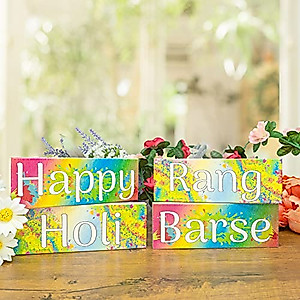 JennyGems Happy Holi Rang Barse Wooden Block Signs, Holi Decorations Party Supplies, Festival of Colors, Set of 4