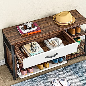 Tribesigns Flip Drawer Shoe Storage Bench, Hidden Shoe Cabinet with Drawer and 4 Tiers Shelves, 4 in 1 Tipping Bucket Shoe Storage Rack for Entryway, Hallway, Living Room, Rustic Brown & White