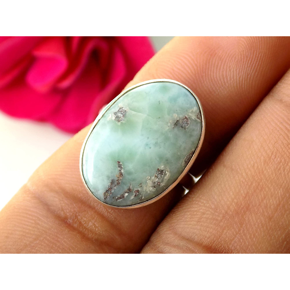 Natural Larimar Ring, Women's Ring, Statement Ring, Simple Bezel Gemstone Ring, (Size- 6.5 USA) Blue