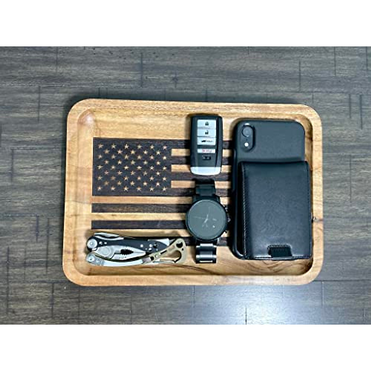 Guard The Line American Flag Valet Tray – Acacia Wood Catch All Tray, EDC Tray – Every Day Carry Bedside Tray, Dump Tray EDC Organizer, Nightstand Tray, Decorative Tray, Key Tray, 11 x 7.75 x 1 inches