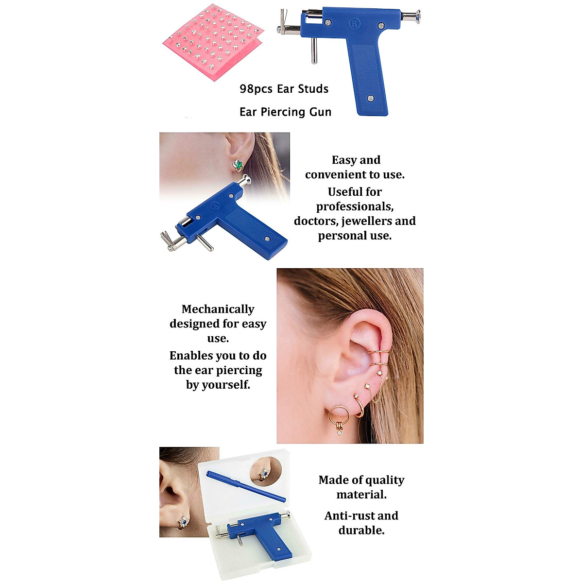 Rudenkoo Ear Piercing Tool Kit, 98Pcs Ears Nose Navel Lip Piercer Machine Studs, Stainless Steel Body Hole Piercing Guns Stud Earrings