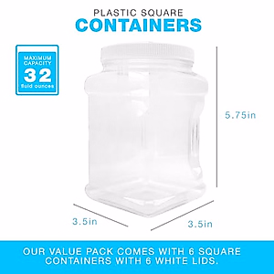 Plastic Jars (32 Fl Ounce - 6 Pack) Square Grip Handle | Clear PET Empty Jar Container Sets with Ribbed White Airtight Lid | Food Storage, Supplies, Snacks, Detergent, Kitchen & Household Storage