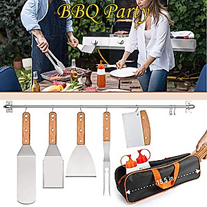 HaSteeL Griddle Accessories Kit 14 PCS, Metal Griddle Spatula Set with Carrying Bag, Stainless Steel Grill Spatulas/Scrapers/Tong/Meat Fork/Brush/Egg Rings/Bottles for Teppanyaki BBQ Flat Top Cooking