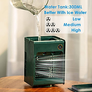 Personal Desk Fan With Cool Misting & Night Light, Built-in 300ML Water Tank Portable Air Conditioners with Handle, 120°Auto Oscillation, 4000mAh Rechargeable Battery Mini Evaporative Cooler for Small Room Camping(Green)