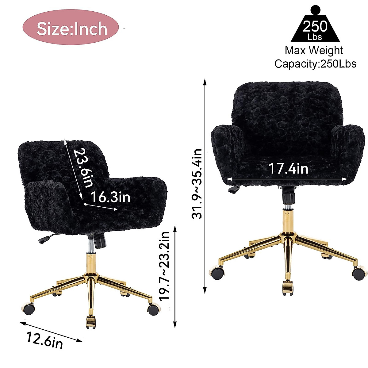 Faux Fur Desk chair Vanity Makeup Chair, Comfy Fluffy Swivel Home Office Chiar with Wheels, Height Adjustable Comfy Fluffy Desk Chair for Teens Girls Women, Easy Movable (Black-rabbit fur, Gold Base)