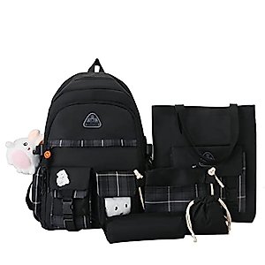 HCOOLE Kawaii Backpack 5Pcs Set with cute plush Pendants & Badge,19 gallon High capacity School Bag Cute Aesthetic Backpack