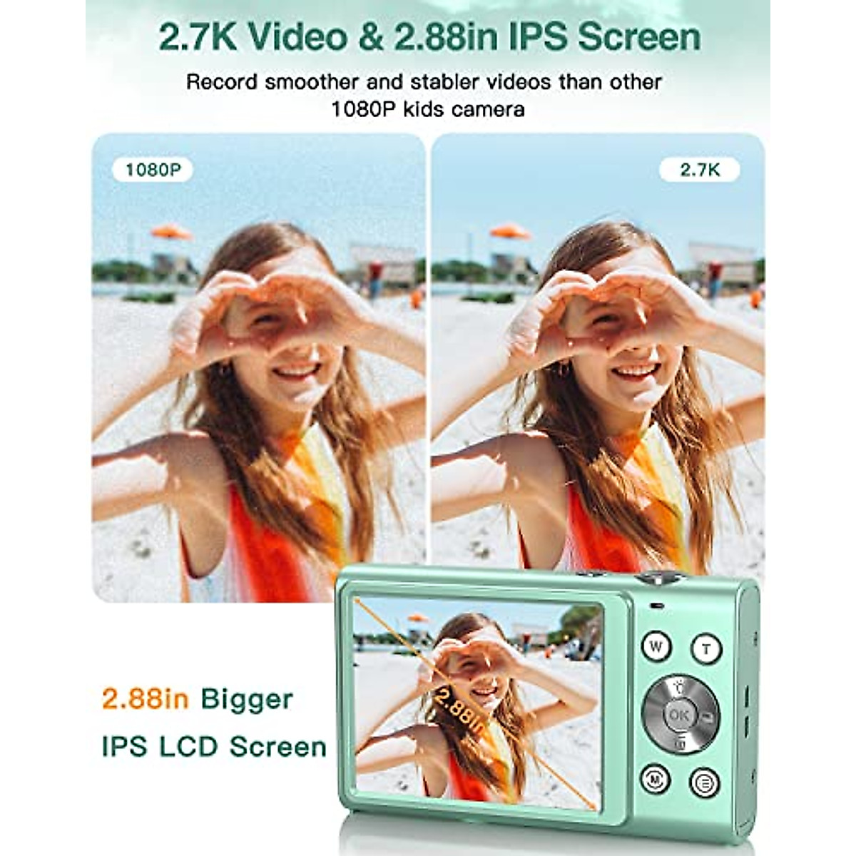 Digital Camera, Zostuic 2.7K Autofocus 48MP Kids Camera with 32 GB Card 16X Zoom Compact Portable Mini Toy Cameras Christmas Birthday Festival Gift for Kid Children Teens Girls Boys(Green)