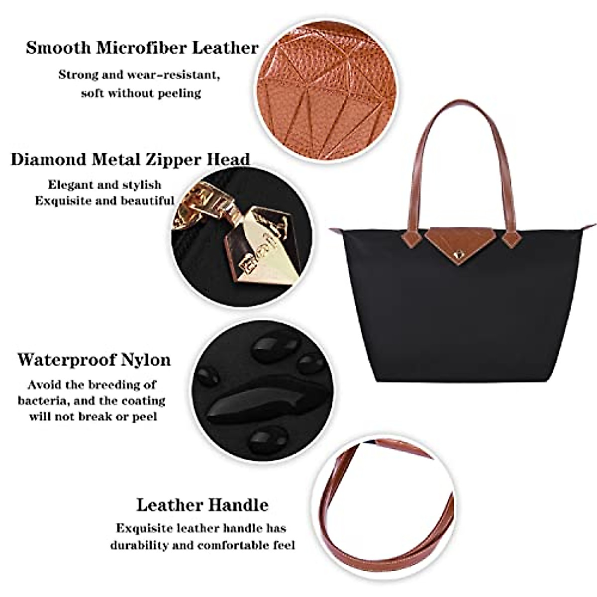 Tote Bag for Women, Large Lightweight Nylon Shoulder Handbags And Travel Work Purse, Foldable With Zipper Top Handle (Black)