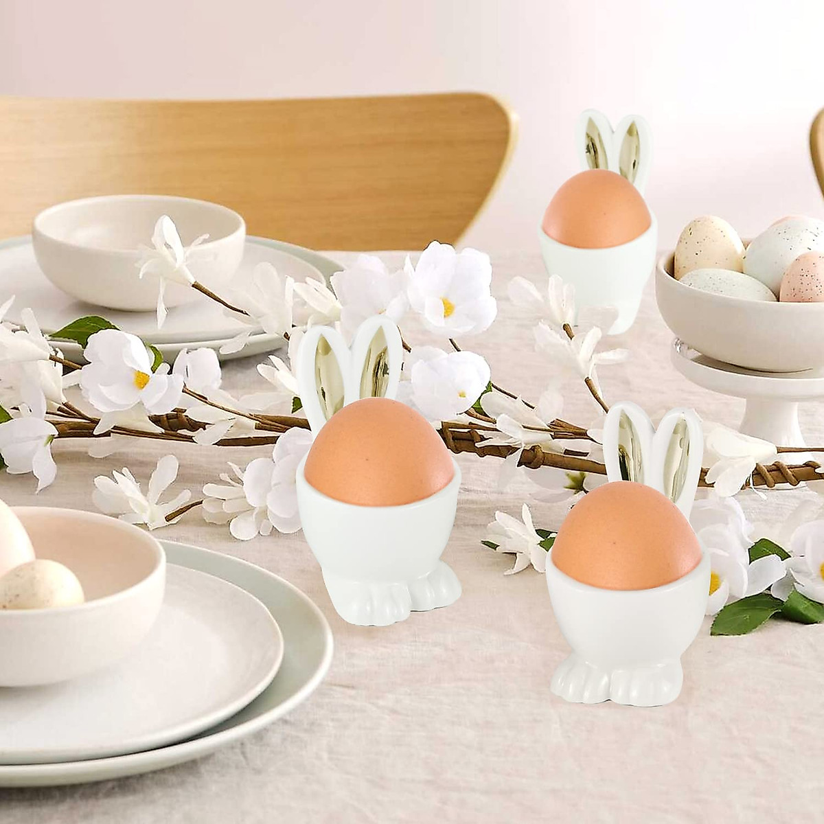 Easter Bunny Ears Shape Egg Holders- Set of 2 Ceramic Rabbit Egg Cups Gold Bunny Ear Design Egg Holders for Easter Decorations Spring Party Dinner Table Settings Decor