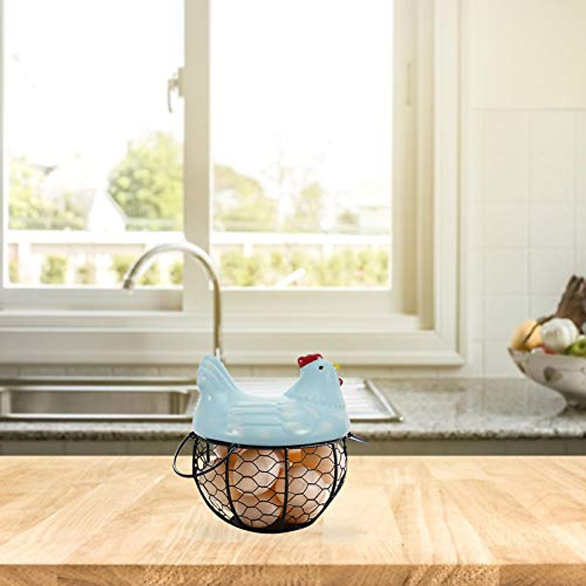 Round Chicken Wire Egg Baskets, Rustic Metal Egg Baskets for Fresh Eggs with Handle, Egg Holder Countertop Basket with Ceramic Lids, Country Farmhouse Vintage Style Gathering