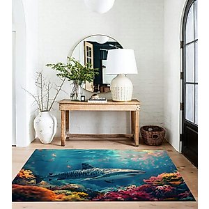 A solitary tiger shark patrolling its territory surrounded by an ether 3x5 Rug Throw Rugs Entryway Indoor Front Door Mat Non Slip Bedside Area Rug For Bedroom Aesthetic Kitchen Carpet Machine Washable