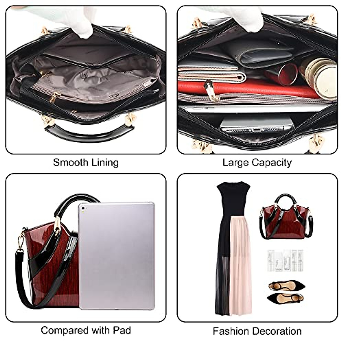 Womens Fashion Handbags Patent Leather Elegant Tote Crossbody Shoulder Bag Top Handle Bags (Red)