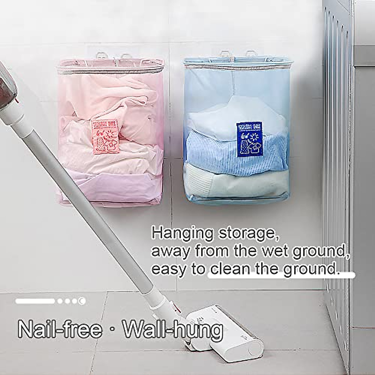 Hanging Laundry Hamper，Laundry Basket，Collapsible Clothes Hamper， Removable and Washable Bag, Metal Wire Frame ，Self-Adhesive ，For Bathroom Space Saving (Gray)