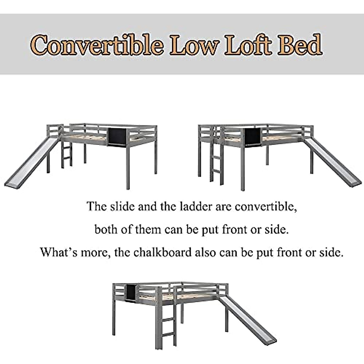 CITYLIGHT Twin Loft Bed with Slide, Low Loft Bed Frame with Chalkboard, Wood Kids Loft Bed Twin with Under-Bed Space Storage for Girls, Boys (Grey, Twin)