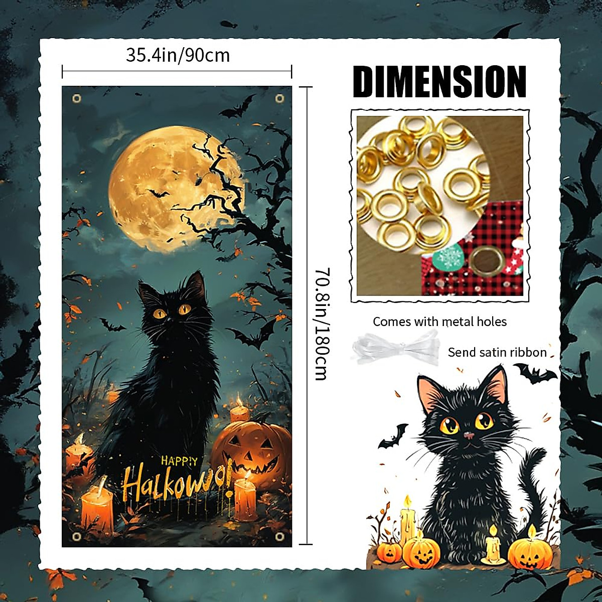 Halloween Door Cover Halloween Birthday Party Door Decorations Door scary window Banner 35.4 X 70.8 Inches Cat Theme Door Cover Halloween Birthday Decorations Sign Front Door for Halloween Party outdoor Supplies Decor (cat)