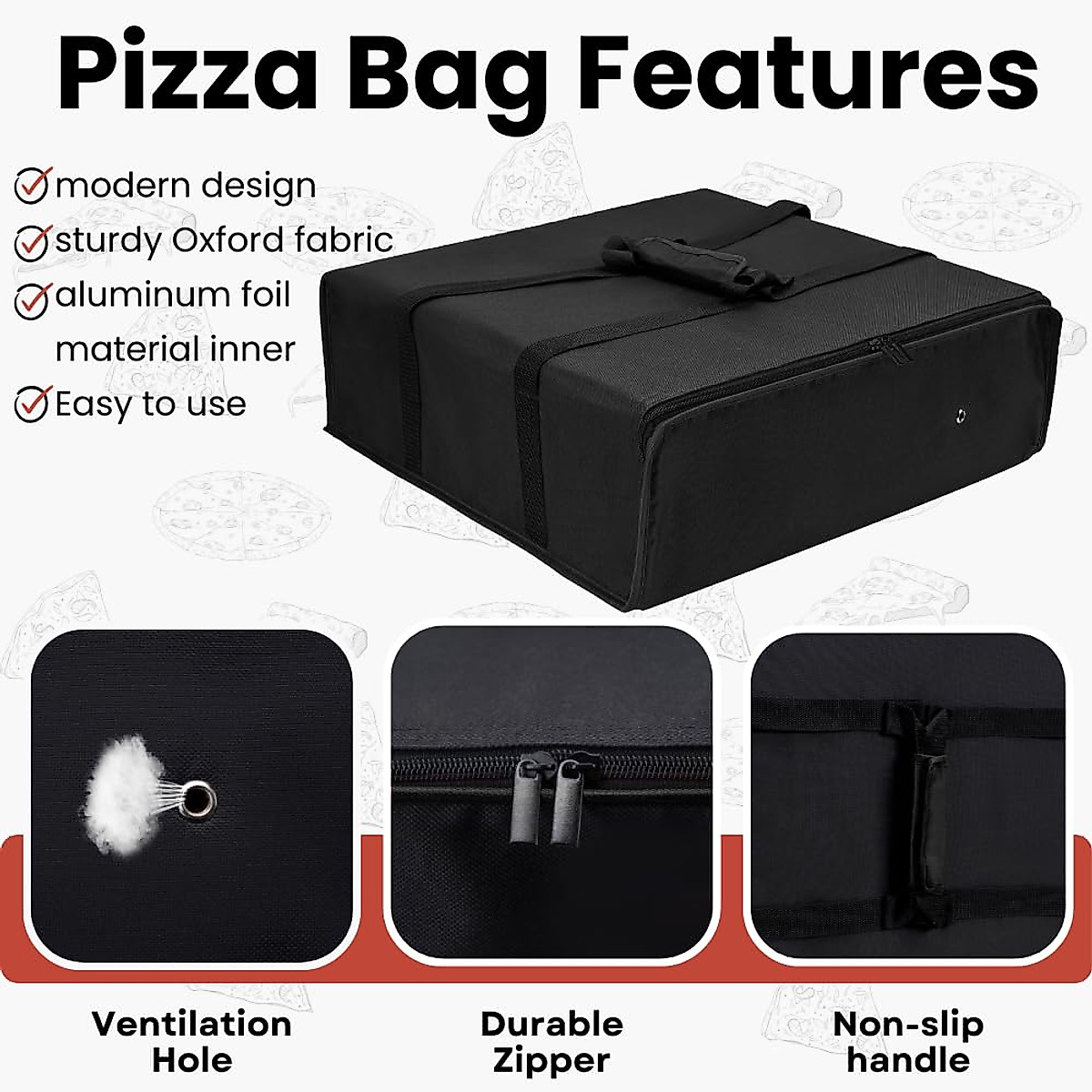 TOGETRUE Pizza Bag, Insulated Pizza Bags for Delivery Carry Hot, Large Pizza Food Delivery Bag for Doordash, Uber Eats, Pizza Warmer Bags for Personal Use, 20 x 20 (Basic Black)