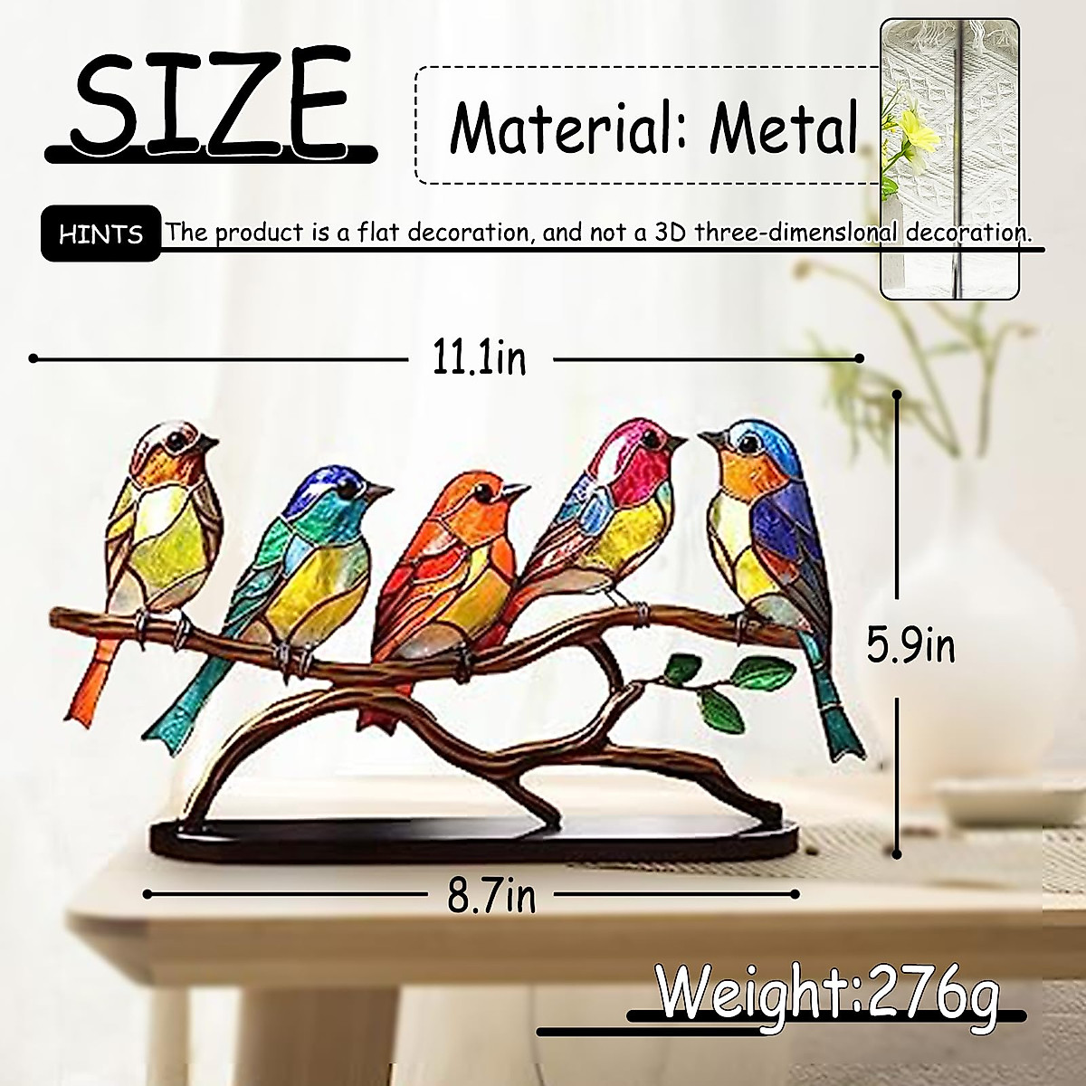 VNRGG Stained Birds On Branch Desktop Ornaments Double Sided Metal Flatness Table Art Home Room Decoration Suitable for Office Wine Cooler Decor(5 Birds on a Branch)