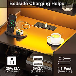 LED Nightstand with Charging Station, Night Stand with 2 Drawers and Open Storage, Bedside Table with LED Lights, Modern End Table with USB Ports Outlets, Black