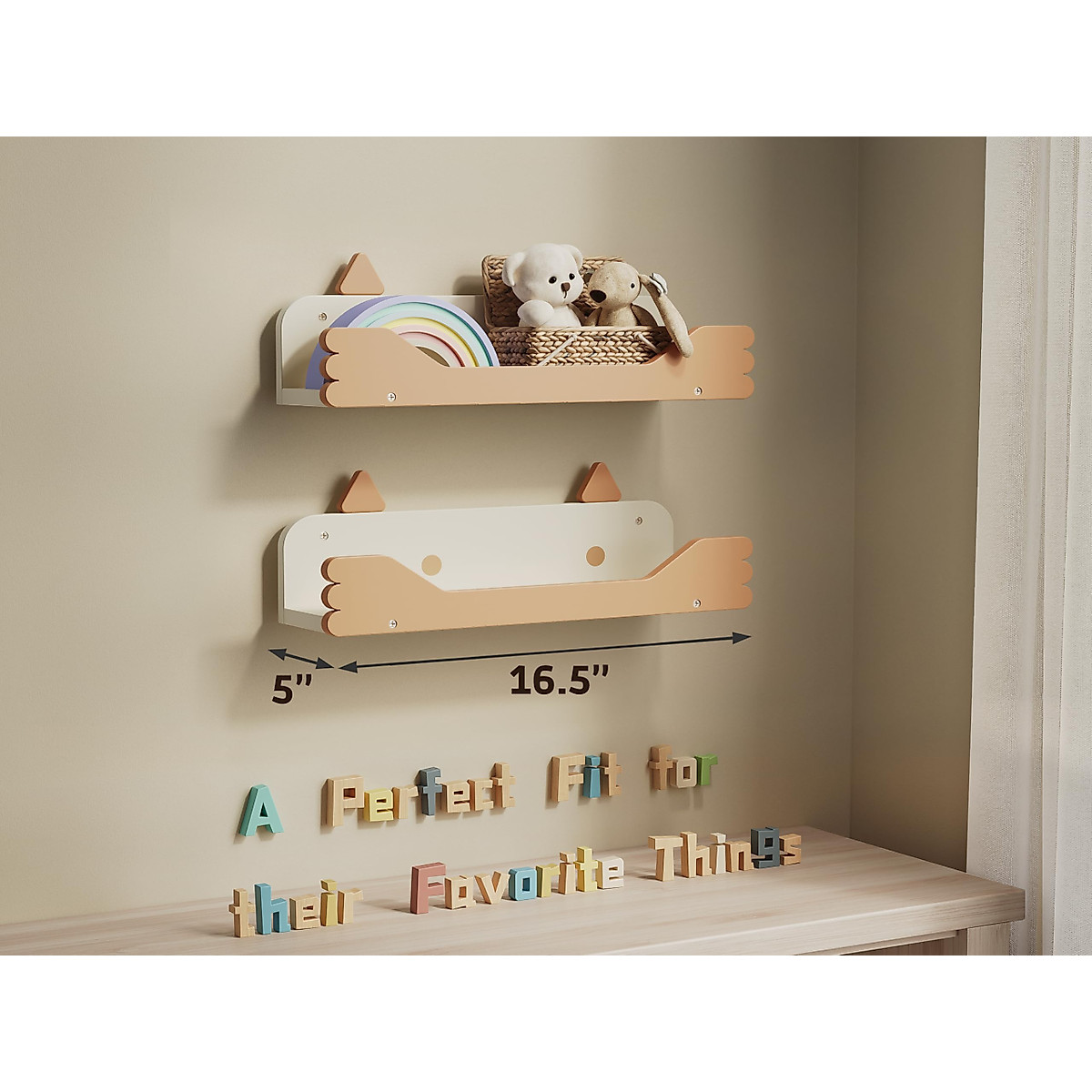 TomVista Nursery Floating Shelves, 16.5 Inches Cute Decorative Shelf for Bedroom, Kids' Room, Wall Mounted Wood Bookshelf Organizer for Wall Storage, White/Sandy Beige, Set of 3
