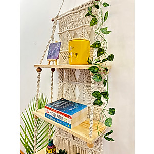 Macrame Wall Hanging Shelf Set, 3 Tier Macrame Wall Hanging Shelf for Wall Decor with Handmade Woven Rope Hanger for Kitchen, Bathroom, Home Storage