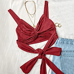 Aniywn Women's Sexy Deep V-Neck Cut Out Crisscross Tie Back Crop Tank Top Tight Sleeveless Racerback Tank Crop Tops Red