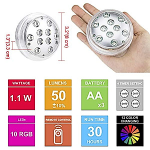 HONGUT Battery Operated Pond Lights, Waterproof Submersible LED Lights with RF Remote, 12 Colors Underwater Bathtub Shower Lights with Suction Cups for Pool, Pond Aquarium, Garden，Fish Tank, 2 Pack