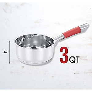 Concord 3 Quart Stainless Steel Saucepan with SIMPLE POUR Vented Glass Lid. Features Dual Pouring Spouts and Volume Marking. Perfect for making Sauces, Jam, Ramen, and more