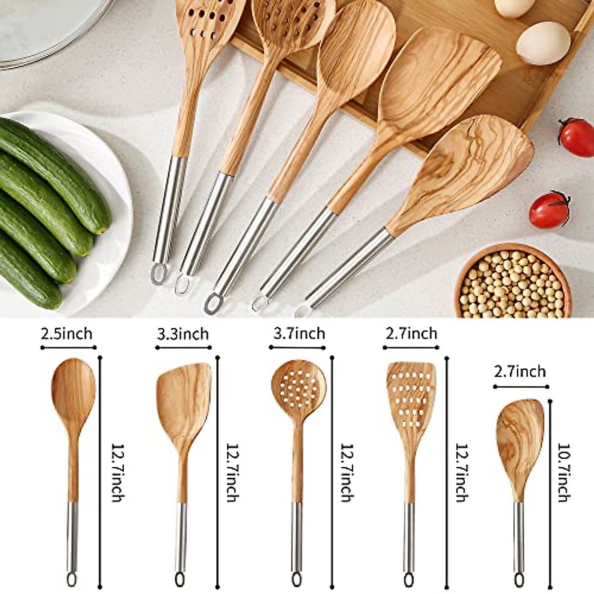 Olive Wooden Spoons for Cooking, NAYAHOSE 5 Pcs Cooking Utensils Set with Stainless Steel Handle, Heat-Resistant Olive Wood Spatulas for Non-Stick Pan