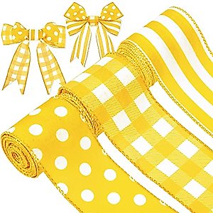 3 Rolls/ 15 Yards Yellow Burlap Wired Ribbons 2.5 Inch Plaid Wrapping Ribbons Bow Craft Ribbon Striped Dot Pattern Ribbons for DIY Crafts Bee Lemon Theme Party Summer Home Wreath Decoration