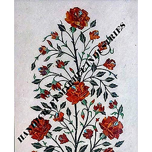 24 x 15 Inch Tree of Life Design White Marble Inlay Top Floral Birds Carnelian Inlay Living Room Decor, Patio Decor, Home Decor Furniture