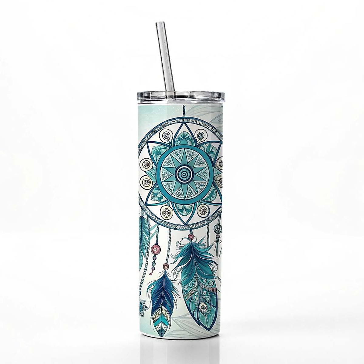 Abstract Teal Blue Dream Catcher Southwestern Design Skinny Tumbler 20oz with Straw Insulated Water Bottle Gift