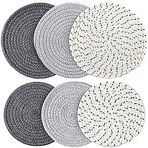6 Pieces Pot Trivets Large Braided Woven Trivet Coaster, Cotton Thread Weave Cup Coaster Hot Pot Dish Trivet Pad Mat for Kitchen Cooking Supplies (Gray, Dark Gray, White Gray,7 Inch and 9 Inch)