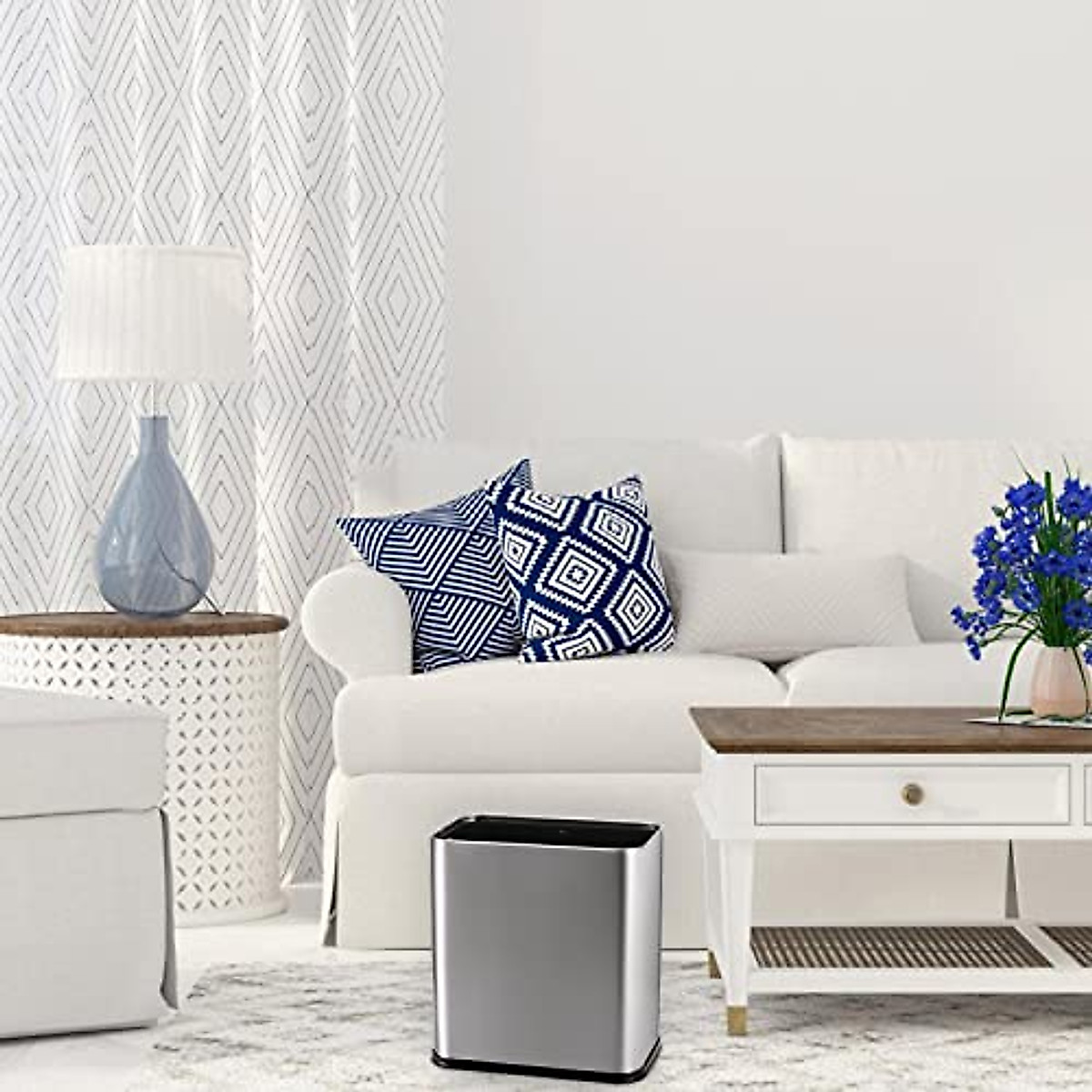 Coloch 10L Rectangle Metal Trash Can, 2.6 Gallon Stainless Steel Wastebasket Slim Size Garbage Bin Silver Invisi-Overlap Open Top Rubbish Bin for Bathroom, Kitchen, Home, Hotel, Office, School