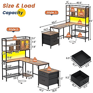 UPOSOJA L Shaped Computer Desk, 69.7in Gaming Desk with Hutch, Home Office Desk with Power Outlet, Bookshelf Led Strip File Cabinet Printer Rack (Brown, 1 Hutch)