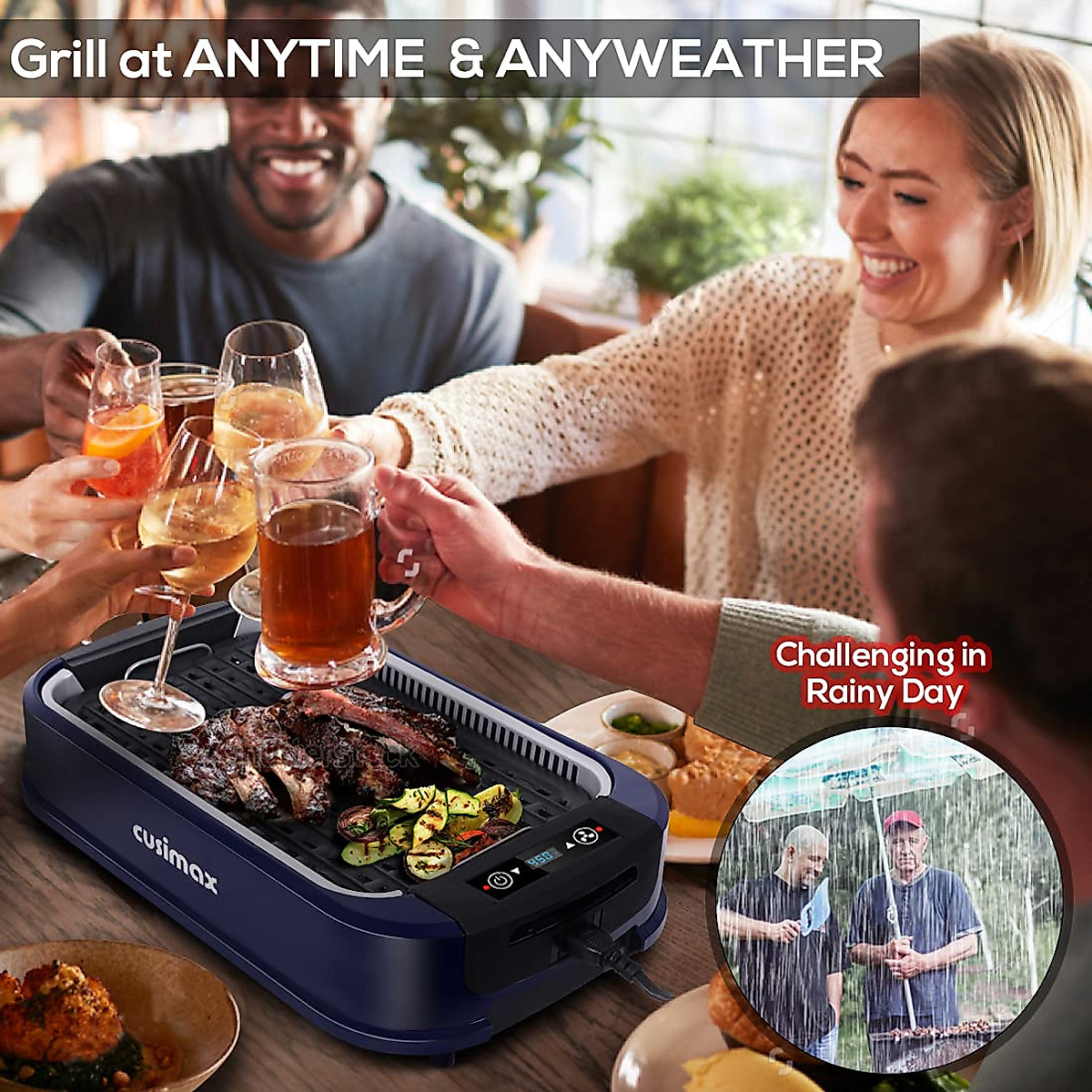 Smokeless Indoor Grill, CUSIMAX Electric Grill with Tempered Glass Lid, 1500 Indoor Grill & Flat Top Griddle for Cusimax Smokeless Grills, Pancake Griddle Plate, Dishwashe-safe, Blue