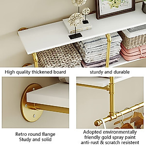 MAIKAILUN Wall Mounted Clothes Rack Gold with Shelf, 52" Long Industrial Pipe Clothing Rack with 2 Tier Shelves Heavy Duty Iron Garment Rack Bar,Retail Display Clothes Rod for Clothes,Laundry Room