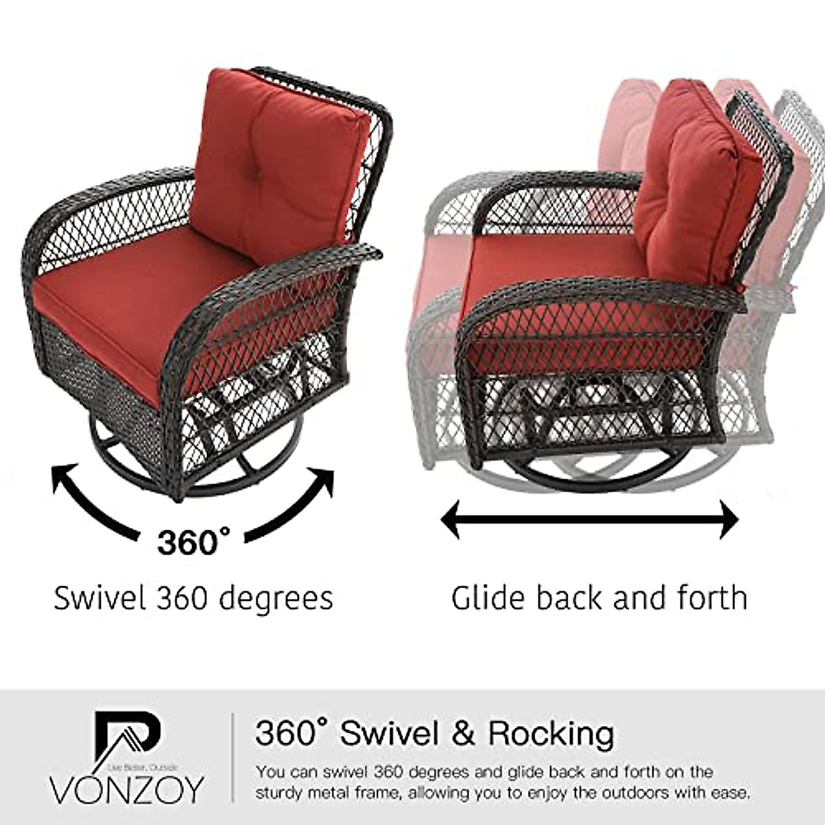 VONZOY 3 Pieces Patio Furniture Set, Outdoor Swivel Glider Rocker, Wicker Patio Bistro Set with Rocking Chair, Thickened Cushions and Table for Porch (Red)