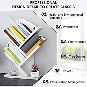 QUMENEY Tree Bookshelf, 5 Shelf Display Bookcase,Tree Bookcase for Books/CDs/Albums/Files Holder, Free Standing Book Shelves Organizer for Office，Bedroom, Living Room (Light Walnut)